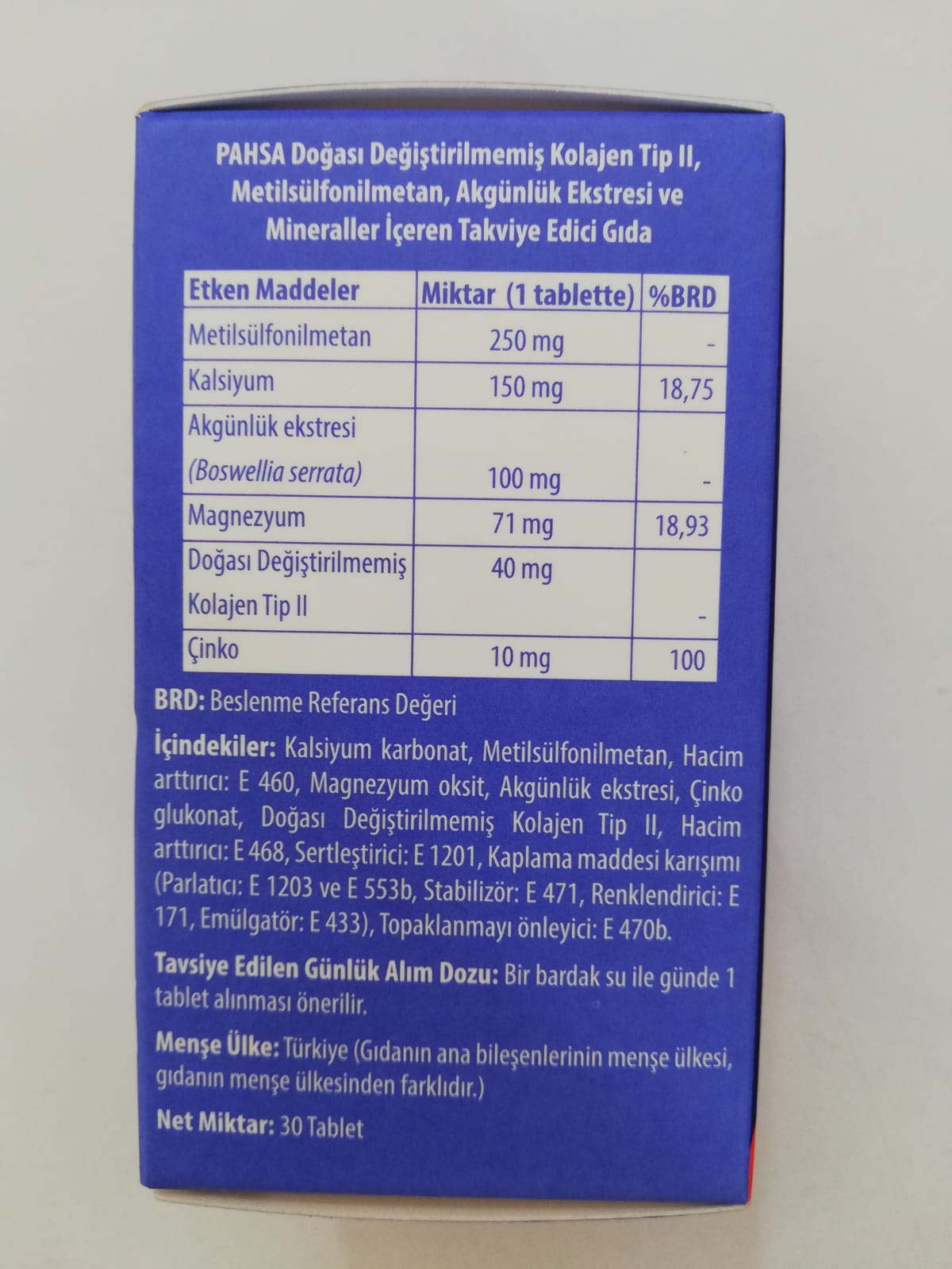 Pahsa Kollajen Tip II 30 Tablet | Besin Takviyesi